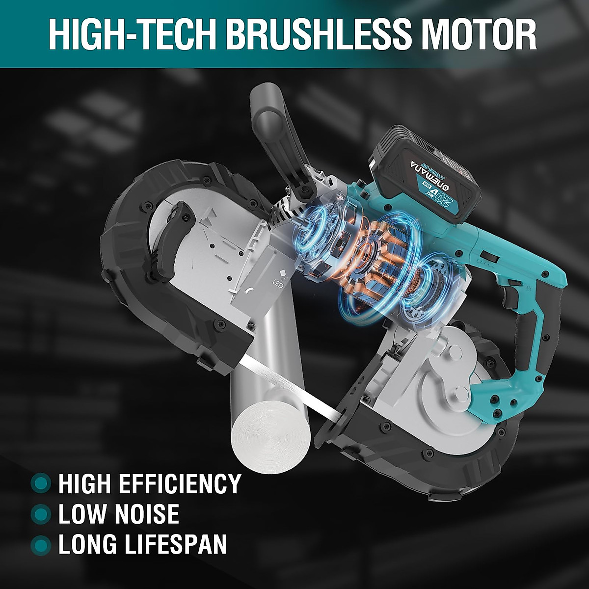 ONEMANA 5 inch Cordless BandSaw，20V Cutting Capacity Brushless Metal Band Saw,Not Hot Sparks, Portable BandSaw for Deep Cut with 6 Speeds Adjustable（ Battery Included）