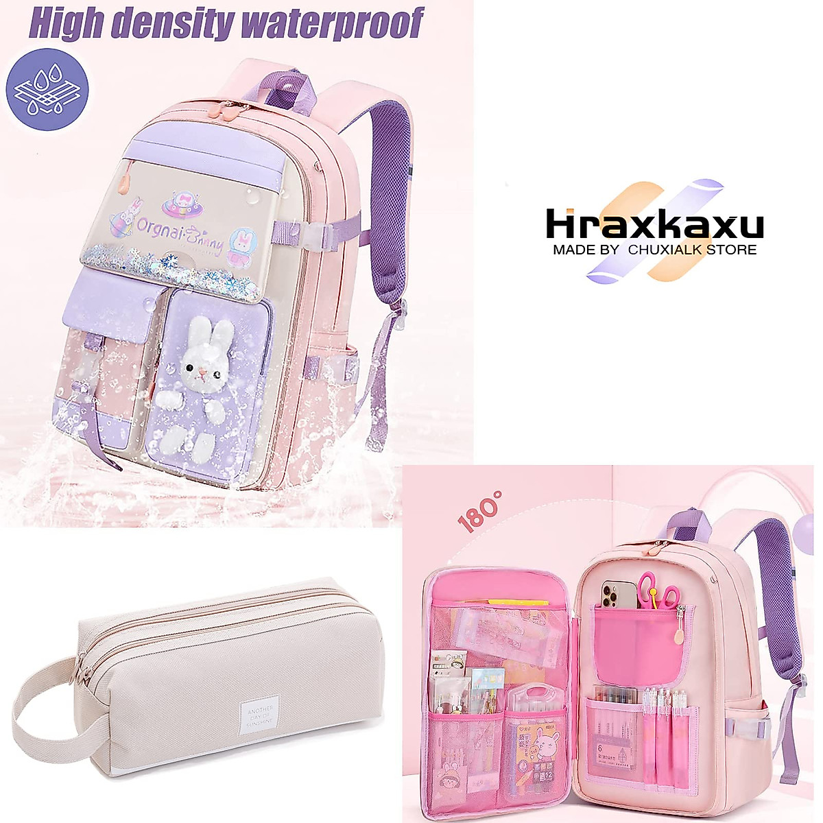 Cute Bunny Backpack, Kawaii Bunny Backpacks Girls,Back To School Large Capacity Waterproof Bookbag for Grades 1-6 Bags(Purple)