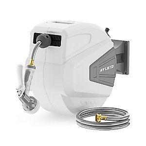 Ayleid Retractable Garden Hose Reel,1/2 in x 65 ft Wall Mounted Hose Reel, with 9- Function Sprayer Nozzle, Any Length Lock/Slow Return System/Wall Mounted/180°Swivel Bracket (Grey)
