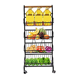 KIOPOWQ Fruit Basket,  4-Tier Rolling Utility Cart with Handle, Multi-Functional Vegetable Storage Trolley Fruit Basket Free-Standing Organizer for Kitchen Office, Living Room Black