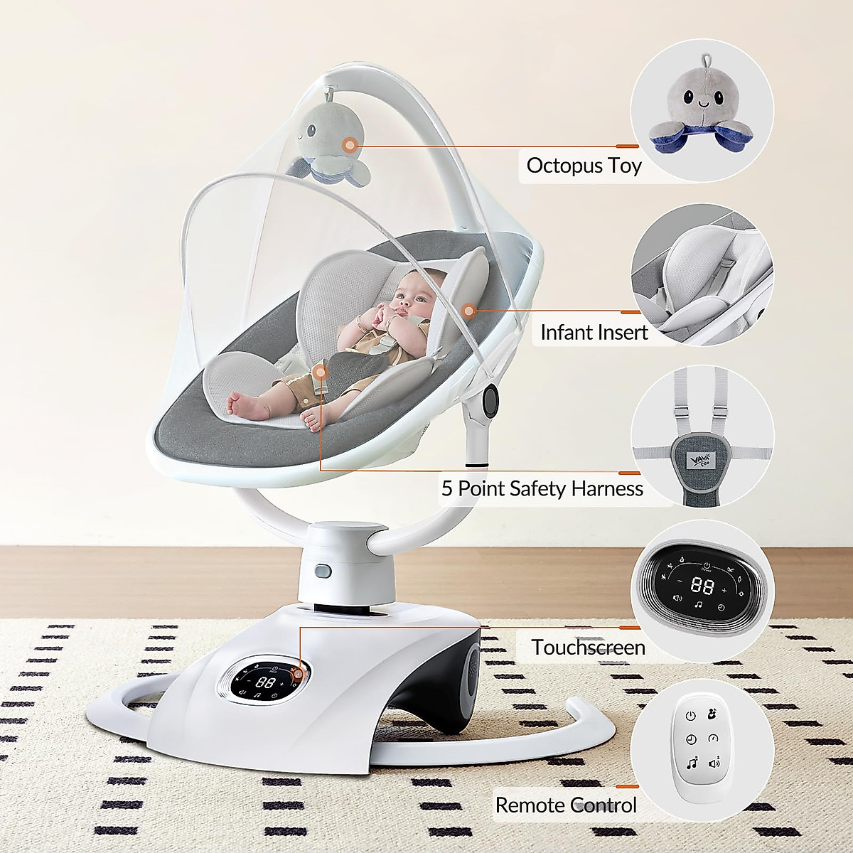 VaVaSoo Baby Swing Electric Baby Swing for Newborn Multi-Motion Baby Rockers and Bouncers with Remote Control, 5 Speed, 13 Melodies, Light Grey