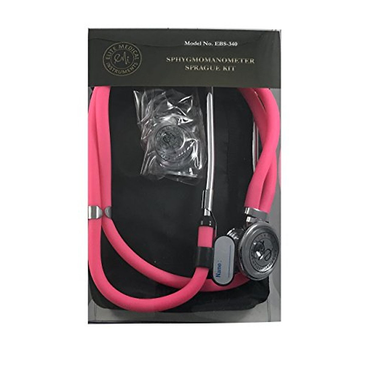 Elite Medical Instruments EBE-340-Pink Sprague Rappaport Stethoscope with Black Aneroid Sphygmomanometer Blood Pressure Cuff Set