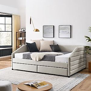 OMGO Linen Upholstered Queen Size Daybed with Two Storage Trundle Drawers, Solid Wooden Sofa Bed Frame w/Tufted Decorate, No Box Spring Needed, Space-Saving Design