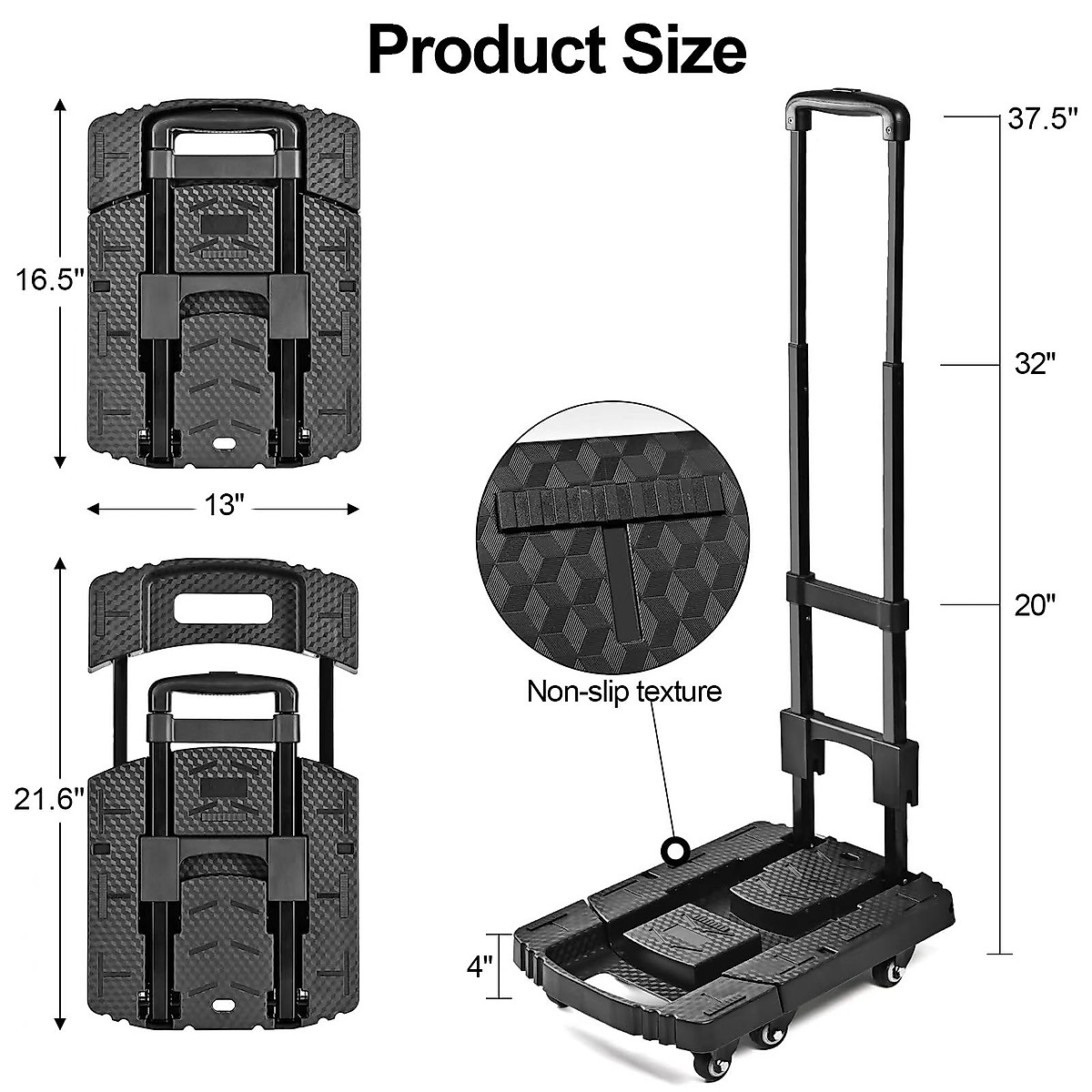 Caxlis Upgrade Folding Hand Truck, 500lbs Heavy Duty Dolly Cart, Professional Utility Dolly Platform Cart with 6 Wheels and 2 Elastic Ropes for Luggage, Travel, Moving, Shopping, Office Use, Black
