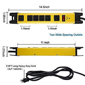 CCCEI Heavy Duty Power Strip Surge Protector with 15A, 6 Outlet Industrial, Shop Workshop Garden Metal Power Strip with 6FT Cord 1200 Joules ETL Listed, Yellow