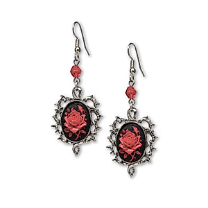 Gothic Red Rose Cameo Earrings Surrounded by Thorns with Red Bead