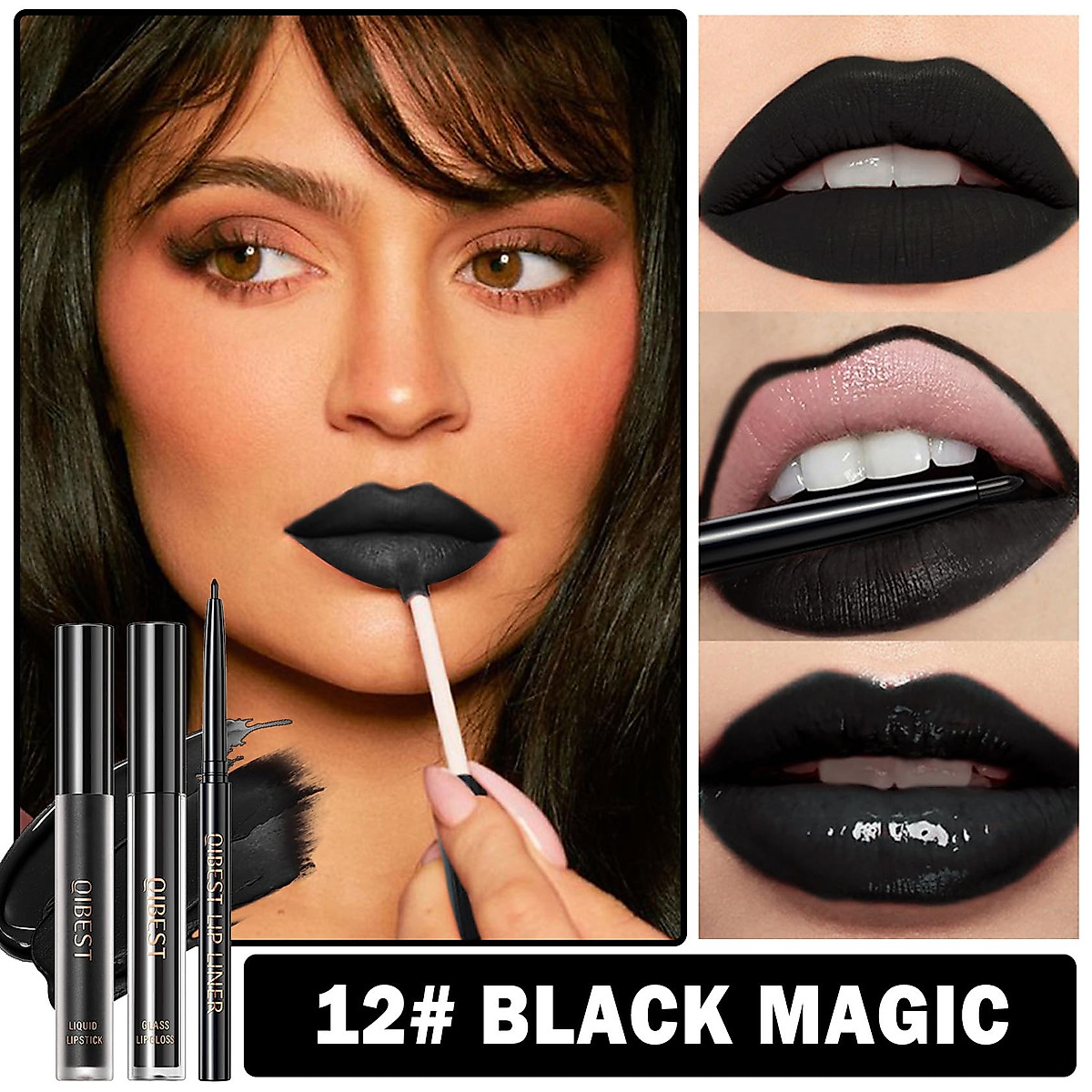 QIUFSSE 3 in 1 Black Lip Liner Pencil and Lipstick lipgloss Set Matte Black Lipstick Lip Gloss Kit Long-lasting Nonstick Cup Smudge Proof Lip Kits with Lip Liner,Velvet Goth Makeup (12#Black Magic)