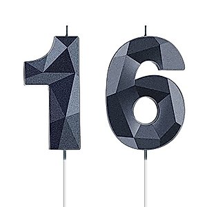 16th Birthday Candles Happy 16th Birthday Cake Toppers 3D Diamond Shape Number Candles Cake Topper Numeral Candles for Party Decoration Birthday Supplies (Black)