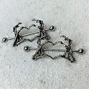 Body Candy Nipplerings Piercing Women 14G 1 1/2" Stainless Steel Skeleton Heart 2Pc Dangle Nipple Ring Set 38mm