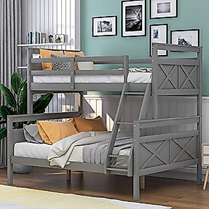 Ochangqi Twin Over Full Bunk Bed Frame with Ladder, Solid Wood Bunk Beds Loft Bed Frame Twin Over Full Size with Guardrail, Can Be Separated Into Twin/Full Size Bed, No Box Spring Needed (Gray)