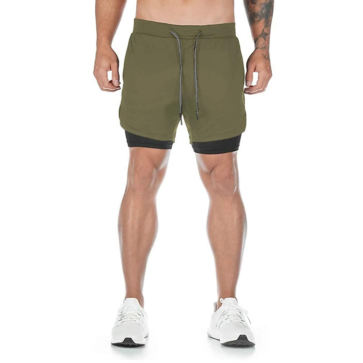BOOMLEMON Men's 2-in-1 Running Workout Shorts Gym Training Athletic Short Pants with Towel Loop(Army Green M)