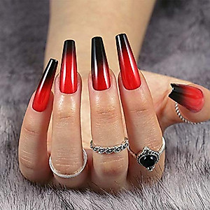 Uranian Coffin Press on Nails Long Black Fake Nails with Designs Ombre Glossy False Nails Full Cover French Tip Nails Halloween Acrylic Nails for Women and Girls (24pcs)