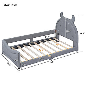 FANYHOME Twin Size Upholstered Daybed with OX Horn Shaped Headboard, Modern Low Profile Bed with Sturdy Wooden Slats Support, Wooden Daybed Frame for Living Room, Bedroom,Guest Room,Gray