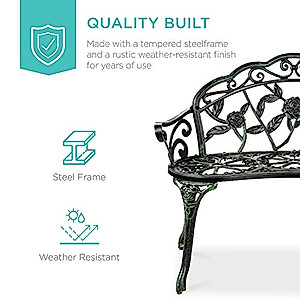 Best Choice Products Outdoor Bench Steel Garden Patio Porch Loveseat Furniture for Lawn, Park, Deck Seating w/Floral Rose Accent, Antique Finish - Black/Green