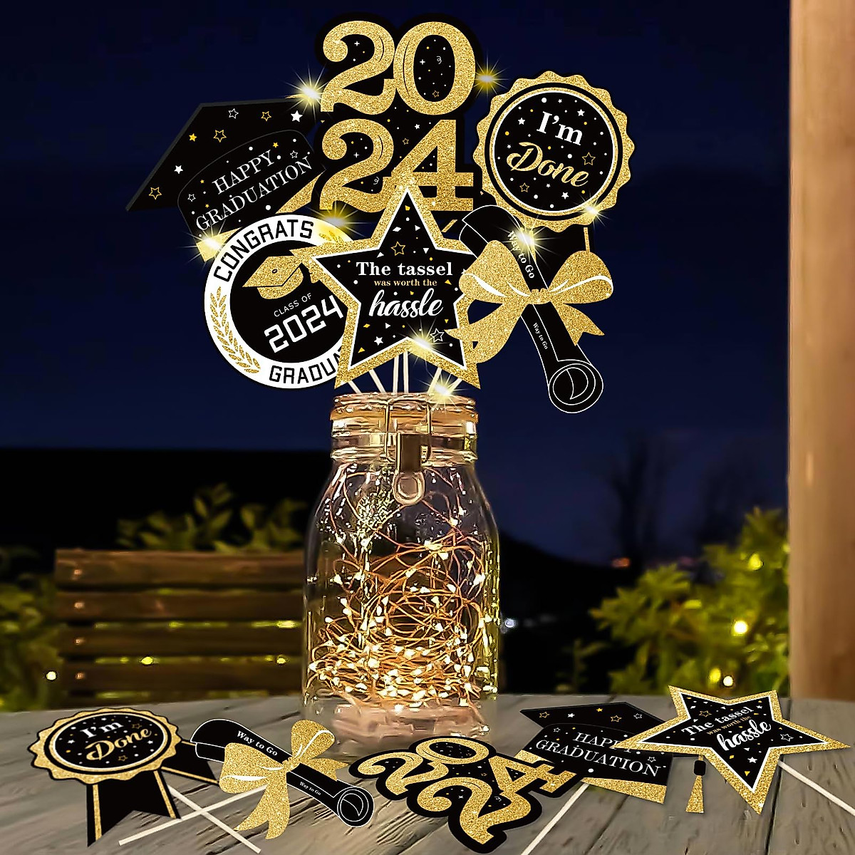 kockuu 36pcs Black Gold Graduation Decorations for Class of 2024 - Black Gold Double Sided Graduation Table Centerpieces Sticks with LED String Light for College High School Grad Party Decor Supply