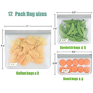 Large Reusable Food Storage Freezer Bags, Leakproof Flat Reusable Sandwich & Snack Freezer Bags, 12 Pack Gallon Food Storage Freezer Bags for Fruits, Veggies, Lunch, Meats, Cereals, Soup & Sauce Storage