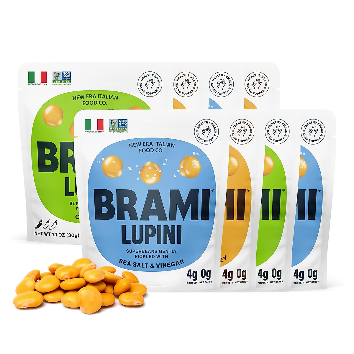 BRAMI Lupini Beans Snack, Mini | 4g Plant Protein, 0g Net Carbs | Vegan, Vegetarian, Keto, Plant Based, Mediterranean Diet, Non Perishable, Healthy Snack | 1.06 Ounce (8 Count) (Variety)