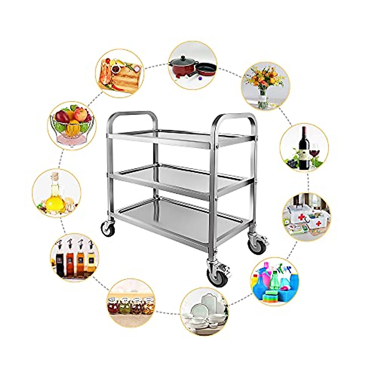 Marada 3 Tier Stainless Steel Utility Cart with Locking Wheels Shelf Kitchen Cart Trolley 37'' L x 19'' W x 37''H Utility Rolling Serving Catering Storage for Kitchen Restaurant Hotels