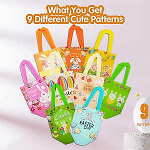 Easter Gift Bags 9 Piece, Easter Bags With Handles, Small Easter Egg Hunt Bags, Reusable Non-Woven Easter Tote Party Bags, Easter Goodie Bags Decorated With Rabbits, Eggs