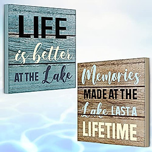 2 Pcs Summer Lake House Decor Memories at The Lake Life Is Better at The Lake Box Sign Wooden Motivational Decor Rustic Lake Cabin Home Wall Decor Primitive Country Lake Sign Farmhouse Kitchen Decor