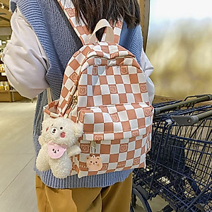 Kawaii Plaid Mini Backpack with Plush Bear Pendant for Girl Small Medium School Bag (Light Blue)