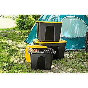 Homz 22-Gallon Durabilt Plastic Stackable Home Office Garage Storage Organization Container Bin w/Latching Lid and Handles, Black/Yellow (4 Pack)