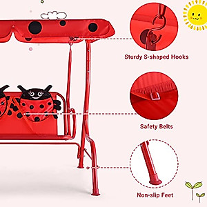 Costzon Patio Swing,All-Weather Porch Swing w/Safety Belt, 2 Seats Outdoor Lounge Chair Hammock w/Removable Canopy, Outdoor Swing Bench for Backyard Lawn Garden (Ladybug Pattern,Red)