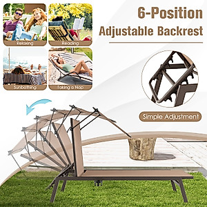 Tangkula Patio Chaise Lounge Chair, Outdoor Recliner with Adjustable Canopy & Cup Holder, 6-Level Backrest, Heavy-Duty Metal Reclining Lounger for Poolside, Backyard (1, Brown)