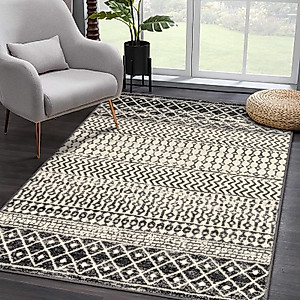 Nailttos Moroccan Large Area Rug 5x7, Washable Non-Slip Black Distressed Tribal Living Room Rug, Soft Low-Pile Dining Room Rug Traditional Farmhouse Carpet for Bedroom Dorm Office Home Decor