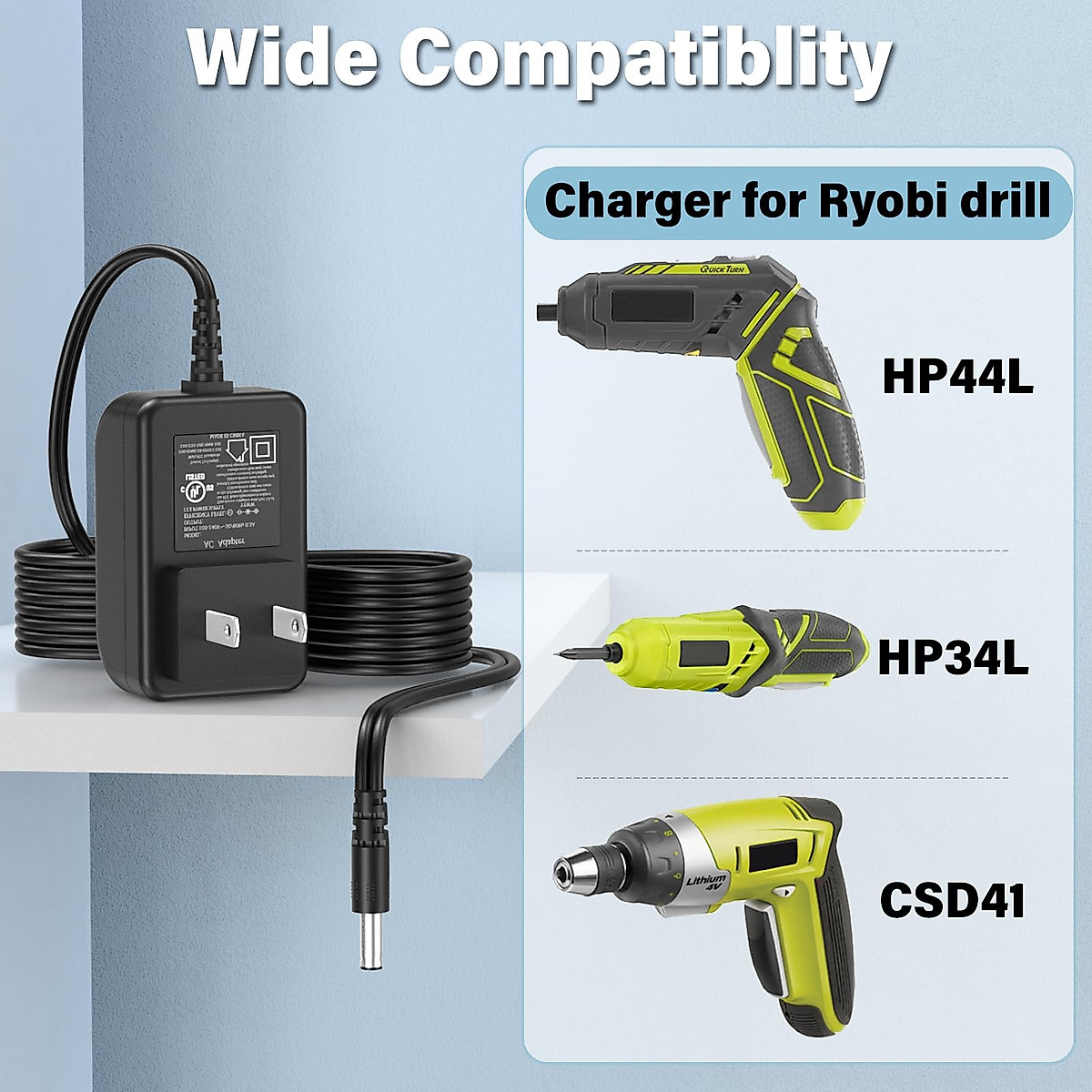 5V Power Cord Fit for Ryobi Drill HP44L HP34L CSD41 BC-336 720217006 720217005 Replacement Charger AC DC Adapter Compatible with Ryobi Drill HP44L with UL, 4V Compatible