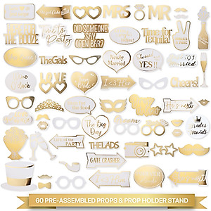 SOUL SHIFT 60PCs Fully Assembled Wedding Photo Booth Props - Prop Stand - Gold Signs - Elegant Wedding & Reception Party Supplies- Funny Wedding Props -Gold Foil Print – Bridal PhotoBooth