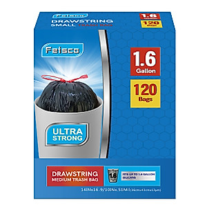 Feisco 1.6 Gallon Black Trash Bag,6L Drawstring Garbage Bag Trash Can Liner,120 Counts,0.51 Mil