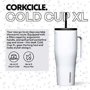 Corkcicle 30oz Tumbler With Handle, Gloss White, Reusable Water Bottle, Triple Insulated Stainless Steel Travel Mug, BPA Free, Keeps Beverages Cold 12 Hours, Tumbler with Lid and Straw, Cold Cup XL