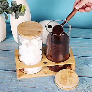 Glass Coffee Containers with Shelf, Set of 2 Coffee Bean Storage with Bamboo Lids and Spoon, Ground Coffee and Suger Jar Container Set for Coffee Bar (47 OZ)
