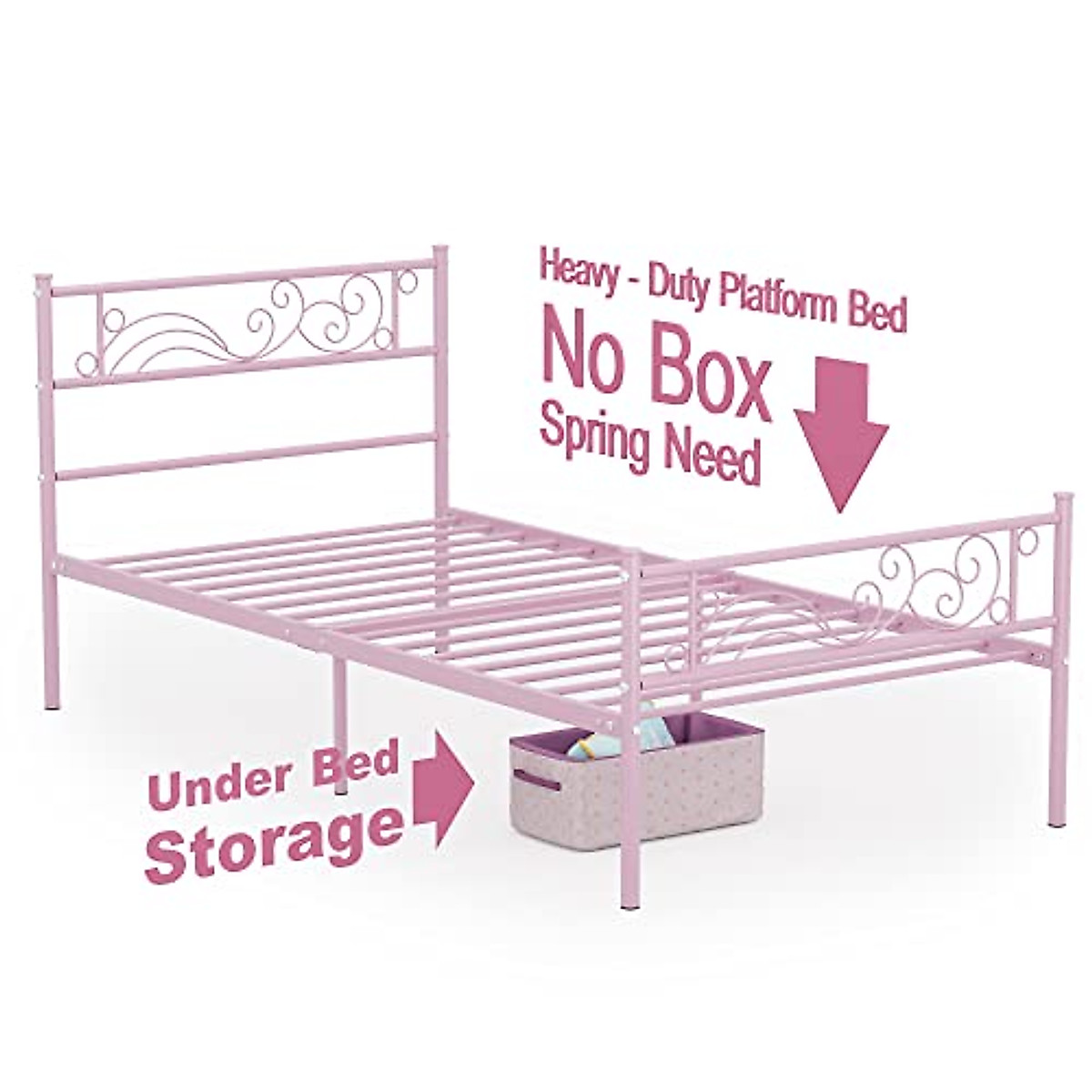 Weehom Twin Bed Frames Metal Platform Heavy Duty Steel Slat Under Bed Storage for Kids Pink