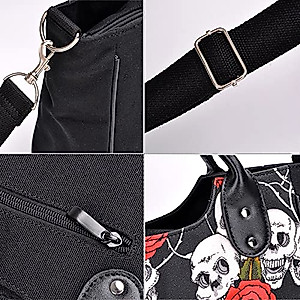 Women Canvas Handbags Skull Tote Shoulder Crossbody Bag Hobo Purse Punk Satchel Bags, Printed Skull