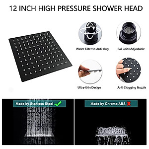 BELLEARLY All Metal 12'' Rain/Rainfall Shower Head with Handheld Spray Combo, High Pressure Square Shower Head with 13'' Extension Arm, Dual Black Shower Heads with 78'' Hose, Waterfall Showerhead