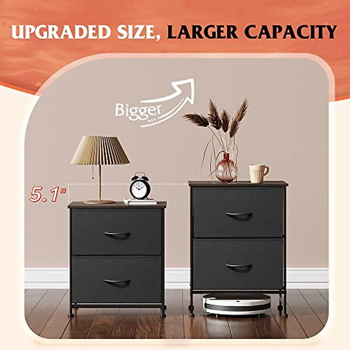 WLIVE 2-Drawer Nightstand and 5-Drawer Dresser Set, Fabric Storage Tower for Bedroom, Hallway, Nursery, Closets, Tall Chest Organizer Unit with Textured Print Fabric Bins, Steel Frame, Charcoal Black