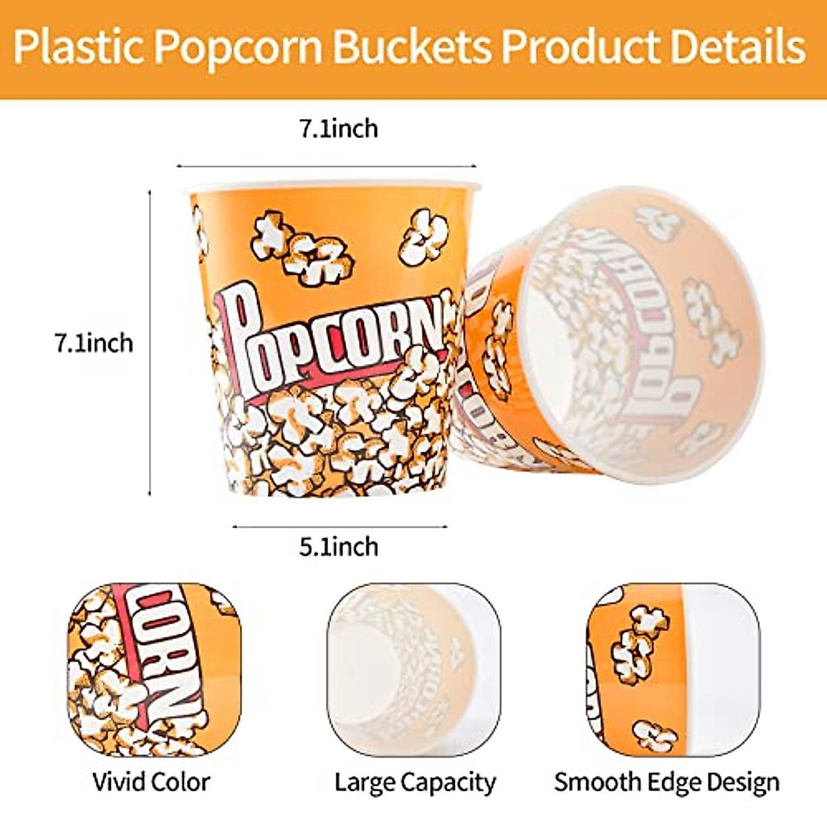 RAYMEA Plastic Popcorn Containers Retro Style Reusable Popcorn Buckets for Movie Night 7.1”x7.1”x5.1” - 4 Pack
