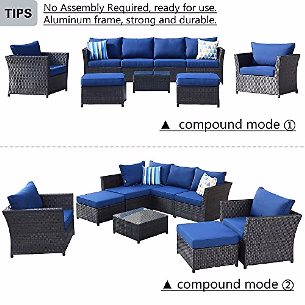XIZZI Outdoor Patio Furniture No Assembly Required 9 PCS Patio Furniture Sets PE Rattan Wicker with 2 Pillows and Coffee Table, Backyard Patio Conversation Sets Sectional Sofa (Navy Blue)