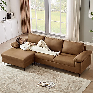 100.8" Sectional Sofa,Faux Leather Couch with Reversible Chaise,Mid-Century L Shaped Sofa Couch for Living Room, Apartment,Office (Brown, Loveseat)