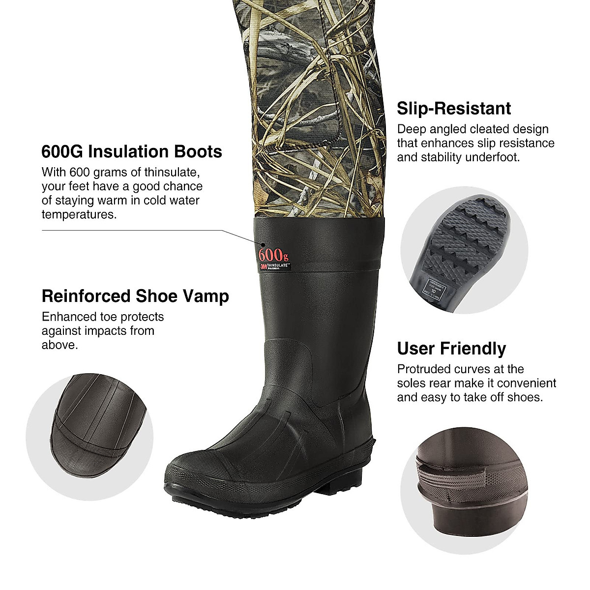 TIDEWE Chest Waders, Hunting Waders for Men Camo with 600G Insulation, Waterproof Cleated Neoprene Bootfoot Wader, Insulated Hunting & Fishing Waders (Size 7)