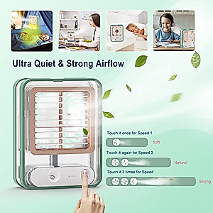 Small Desk Fan with Mist Spray,LED Night Light,Electric Battery Operated Water Misting Fan,USB Rechargeable Portable Quiet Mini Desktop Table Cooling Fan for Office,Camping,Indoor,Outdoor (Green)
