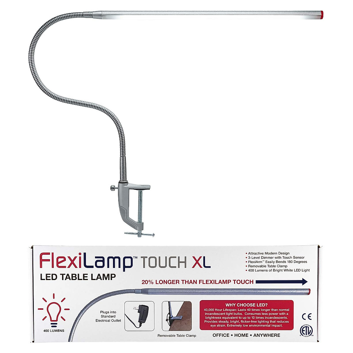 Americanails FlexiLamp Touch XL - LED Table Desk Lamp - Removable Clamp - Adjustable Lighting for Nail Stations - Manicure Table Light - Flexible Arm – 3 Brightness Levels - Touch Sensor - 400 Lumens