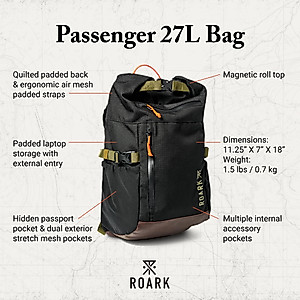 Roark Passenger 27L 2.0 Backpack, Travel Day Pack with Laptop Storage, Black