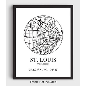 St. Louis MO City Street Map Wall Art - 11x14 Modern Abstract Black & White Aerial View Decor Print with Coordinates. Makes a great St. Louis -Themed Gift.
