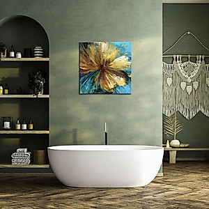 Biuteawal - Modern Canvas Flower Wall Art Abstract Gold Floral Blue Background Paintings on Canvas Still Life Artwork for Home Kitchen Living Room Bedroom Decorations Wall Decor