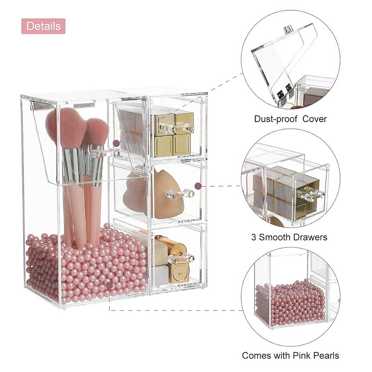 HOSEN Acrylic Makeup Organizer and Brush Holder With Lid Make up Organizer With Pearls Cosmetics Organizer Makeup Brushes Holder With 3 Drawers