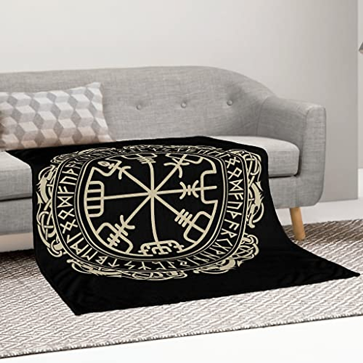 Viking Throw Blanket 60x50 Inch, Viking Design Magical Runic Compass Lightweight Soft Microfiber Throw Blanket with 18x18 Inch Pillowcase Perfect for Bed and Sofa