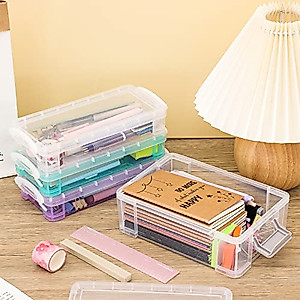 LABUK 5 Pack Plastic Pencil Boxes, Mixed Size Storage Boxes with Lids Stackable Clear Organizer Containers for Stationery Toys Crafts Storage, School Office Supplies